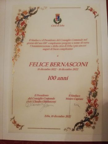 Il signor Felice Bernasconi compie 100 anni, pergamena dal Comune ...